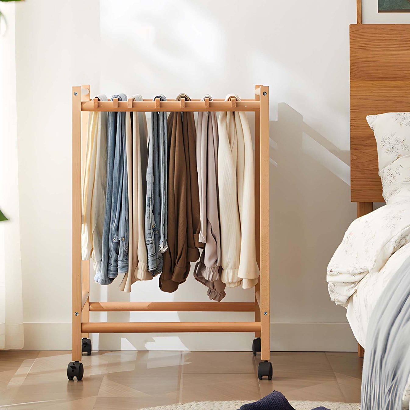 Solid Wood Rolling Pants Trolley: 12-Hanger Closet Organizer – Savor Cozy